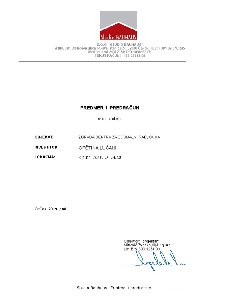 Projekat Arhitekturepredmer I Predracun | PDF