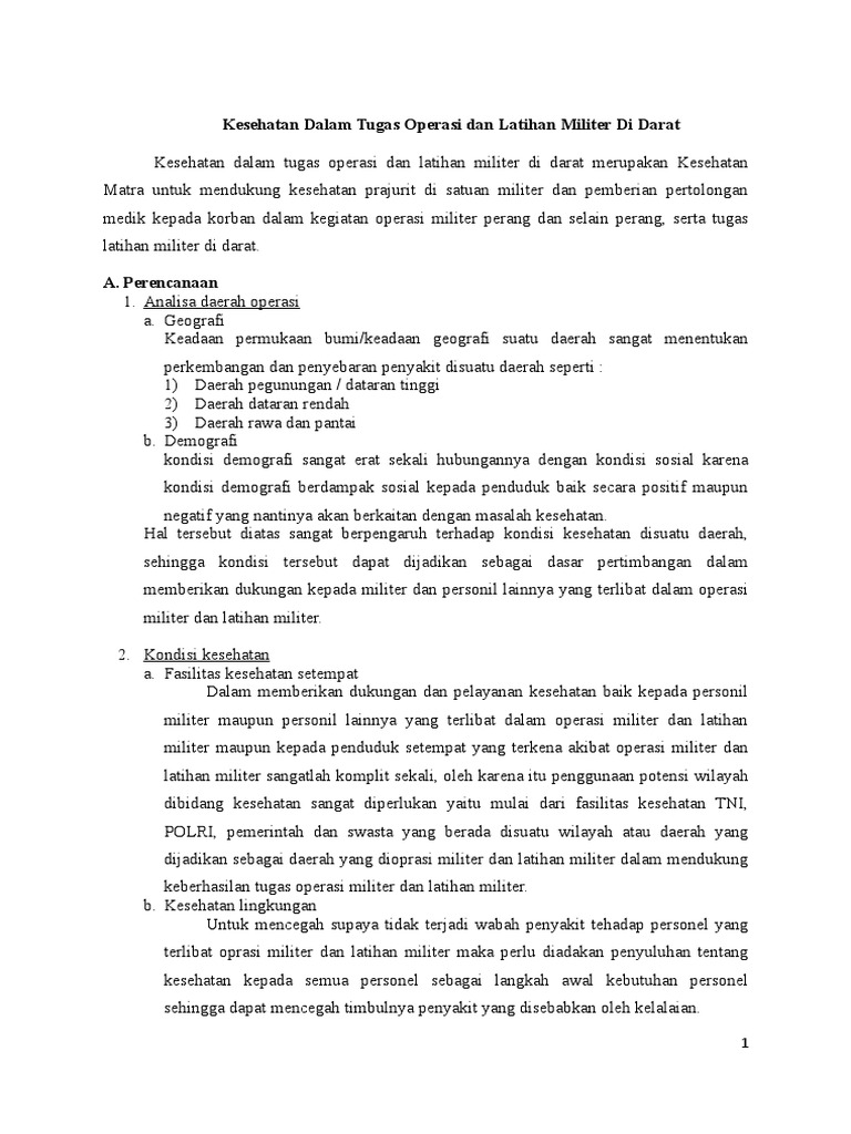 Kesehatan Dalam Tugas Operasi Dan Latihan Militer Di Darat | PDF