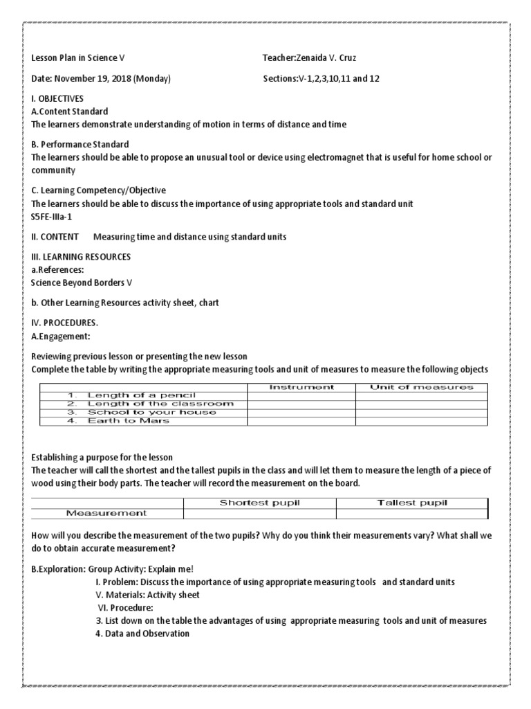Lesson Plan in Science V Nov 19 | PDF | Measurement | Lesson Plan