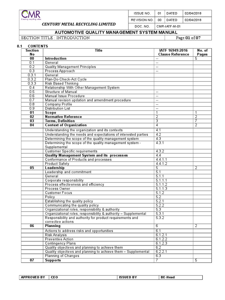 Automotive Quality Management System Manual: Century Metal Recycling ...