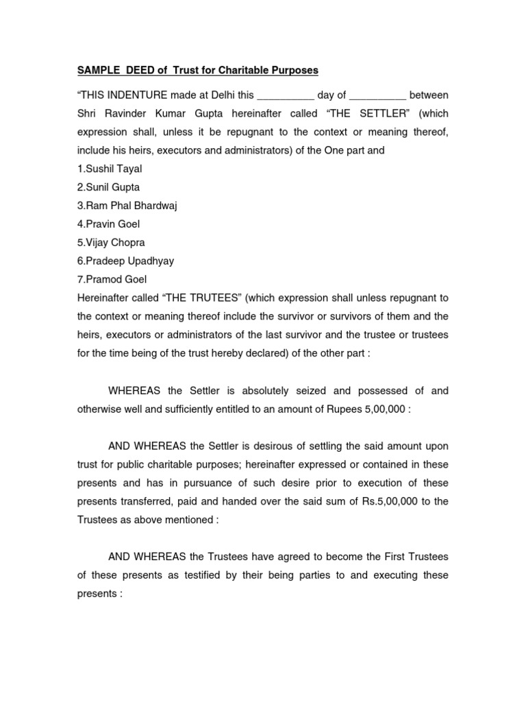 Charitable Trust Deed Format | PDF | Trust Law | Leasehold Estate