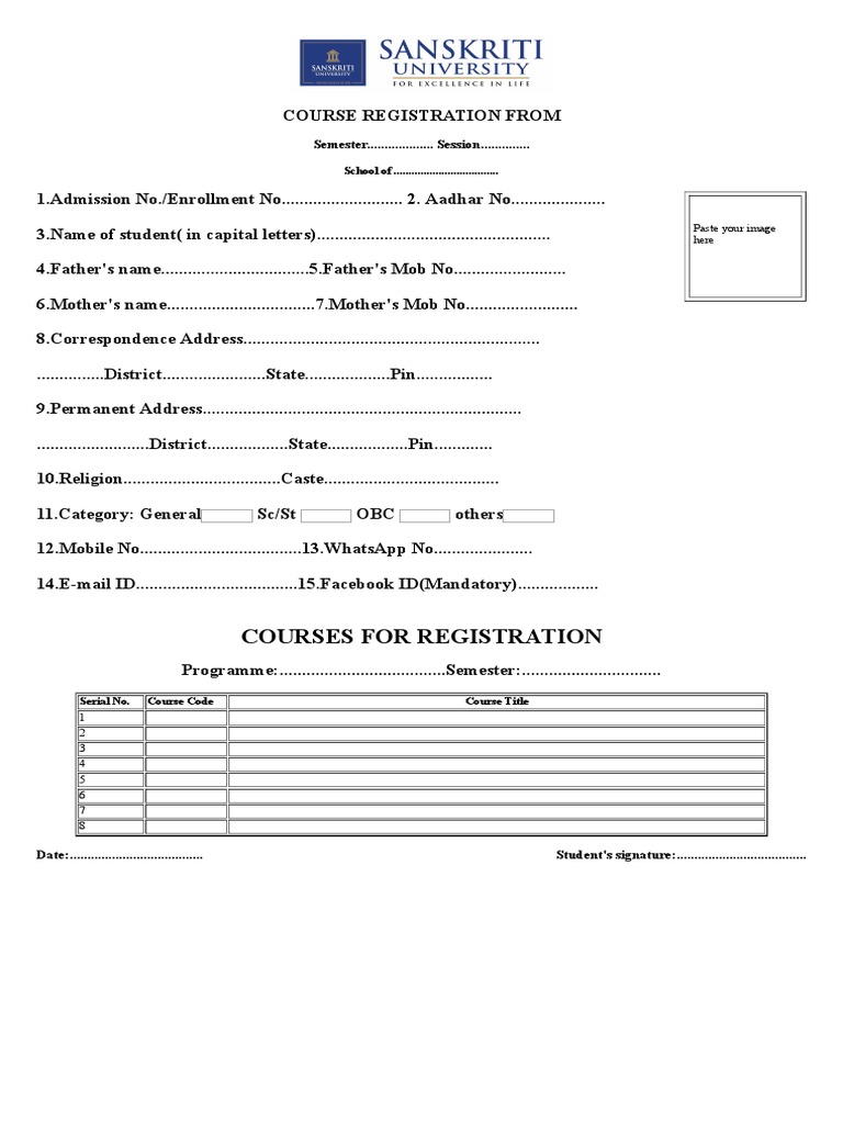 Courses For Registration: Semester................... Session ...