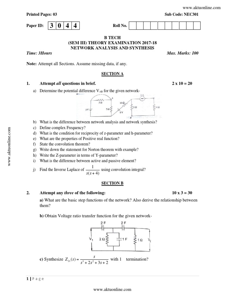Btech Ec 3 Sem Network Analysis and Synthesis Nec 301 2017 18 | PDF | Network Analysis ...