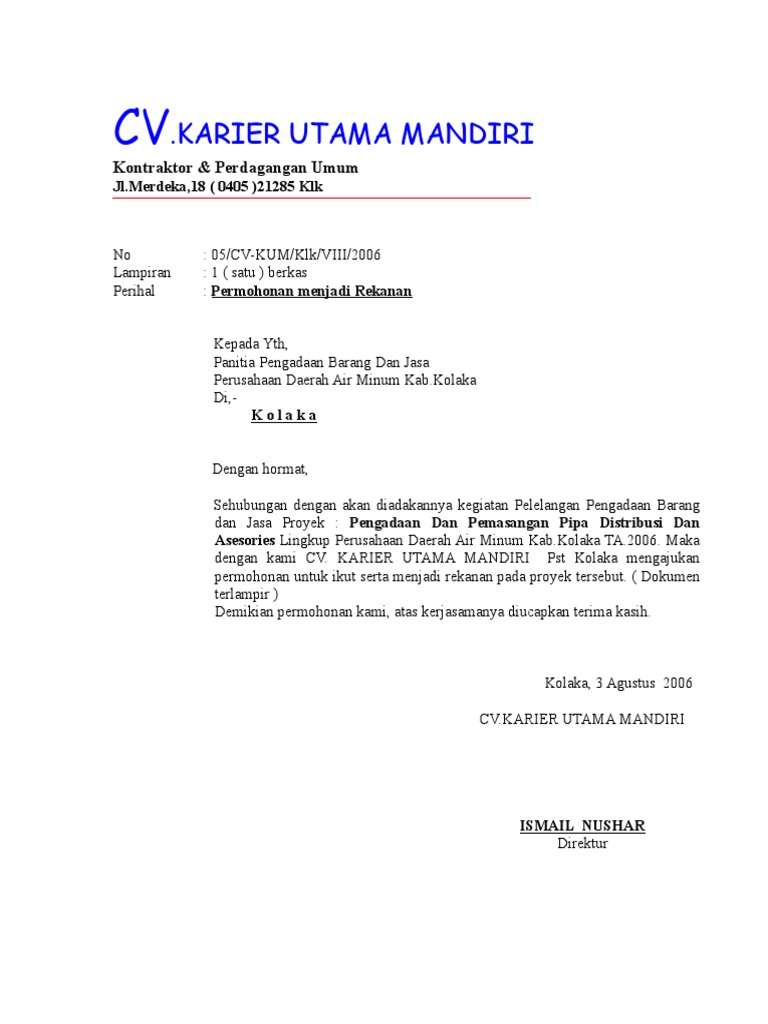 Contoh Surat Permohonan Menjadi Rekanan Kerja | PDF