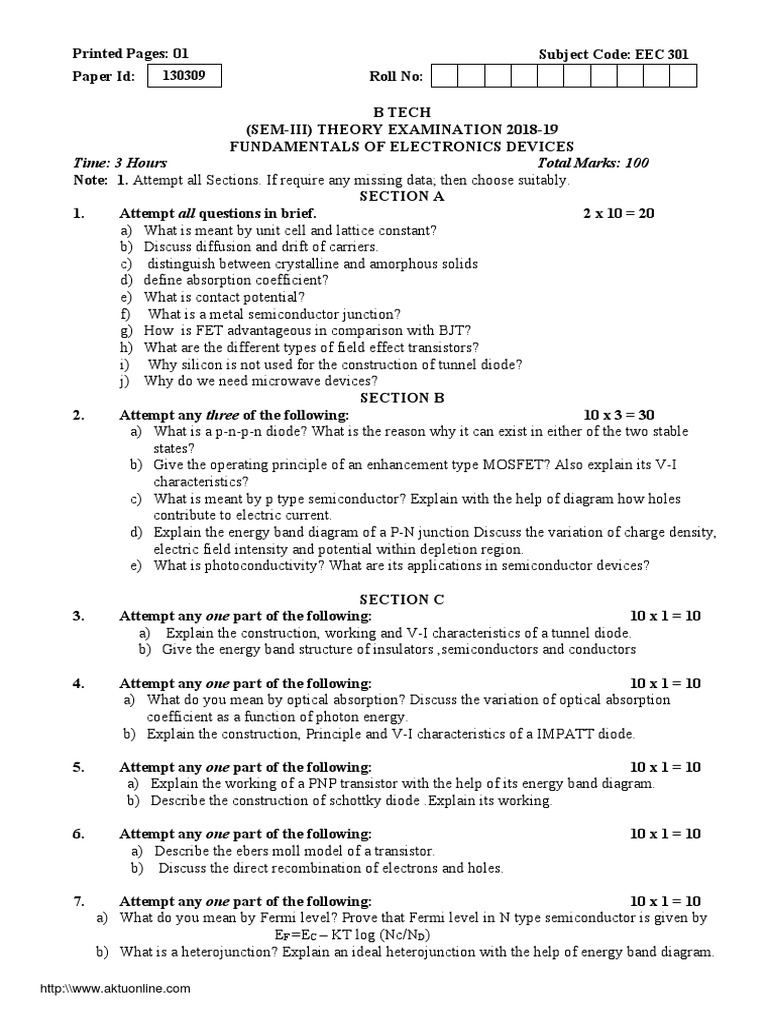 Btech Ec 3 Sem Fundamentals of Electronics Devices Eec 301 2018 19 ...