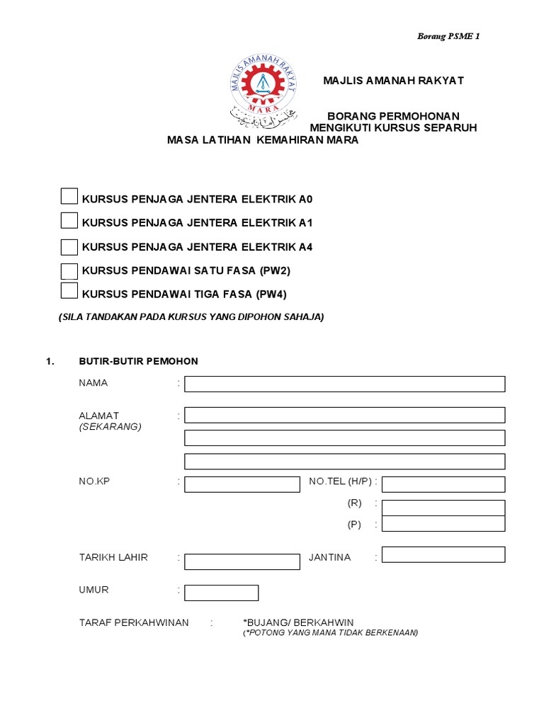 Borang An Kursus ELEKTRIK SEPARUH MASA | PDF