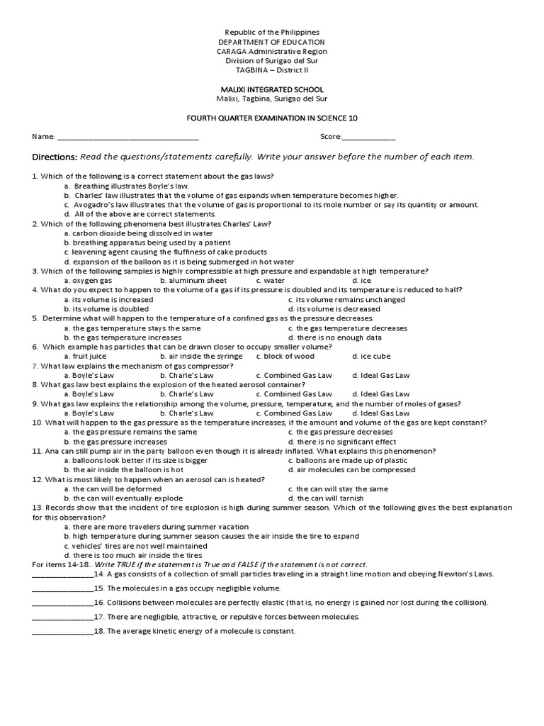 Science 10 4th Quarter Exam | PDF | Gases | Carbohydrates