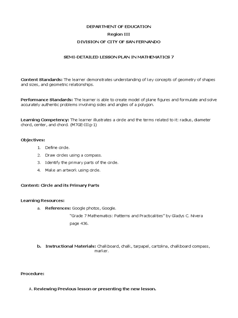Circle Geometry Lesson Plan for Grade 7 | PDF | Circle | Shape
