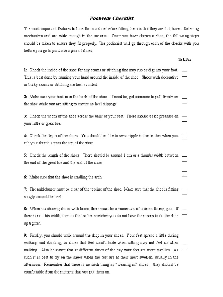 Feet and Footwear Checklist | PDF