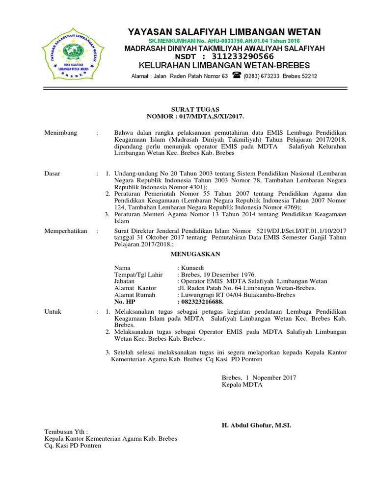 Contoh Surat Tugas Operator | PDF