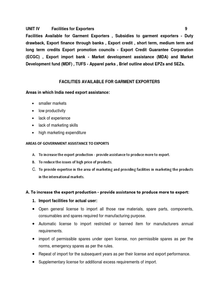 Facilities Available For Exporters | PDF | Exports | Credit