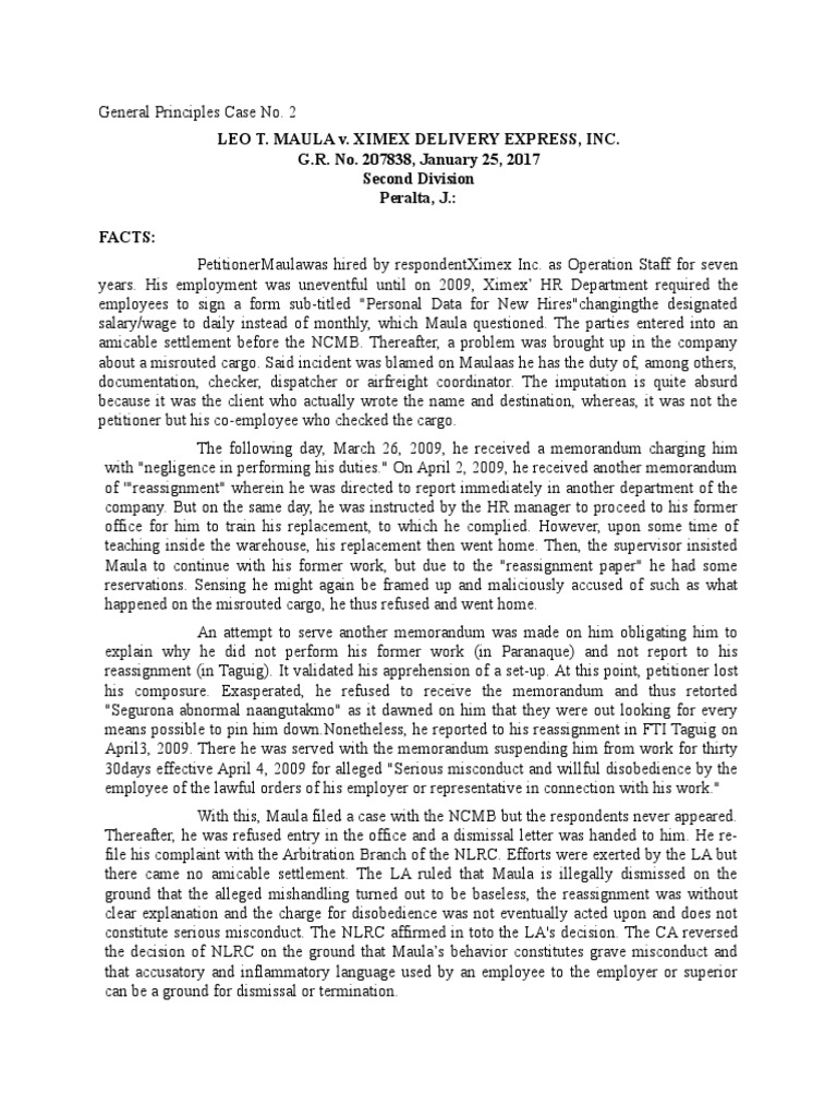 Leo T. Maula V. Ximex Delivery Express, Inc. G.R. No. 207838, January ...