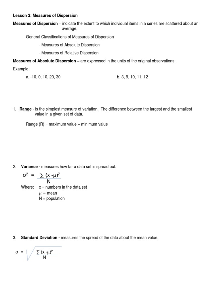 Lesson 3: Measures of Dispersion Measures of Dispersion: Measures The ...