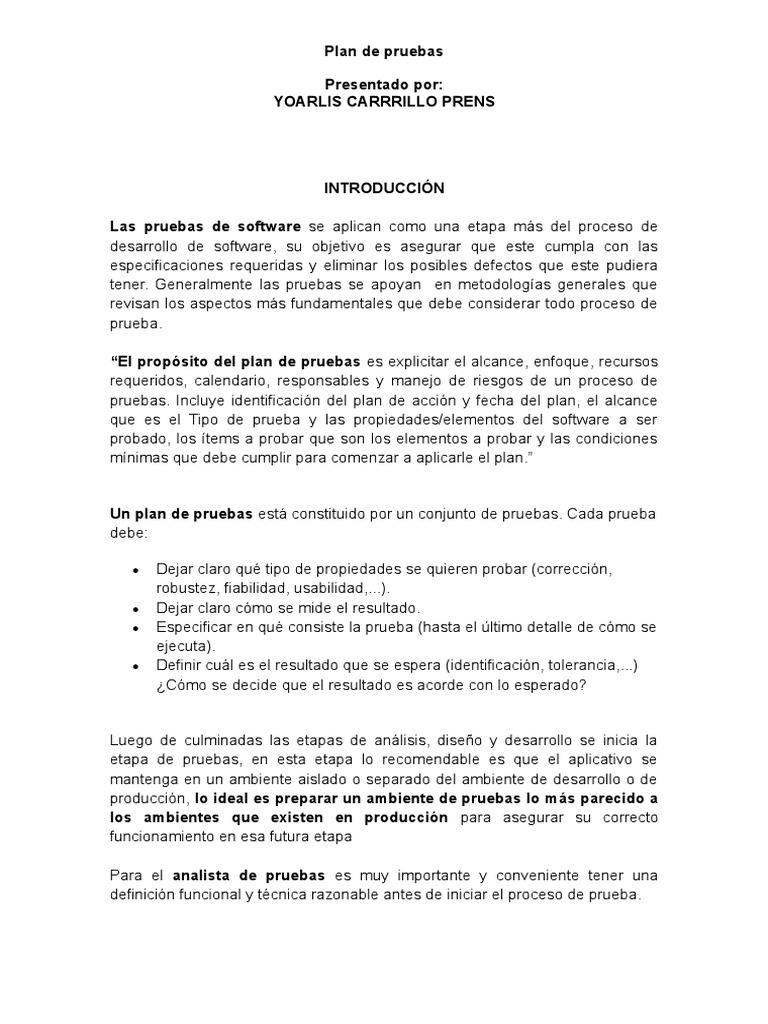 Plan de Pruebas | PDF | Pruebas de software | Software