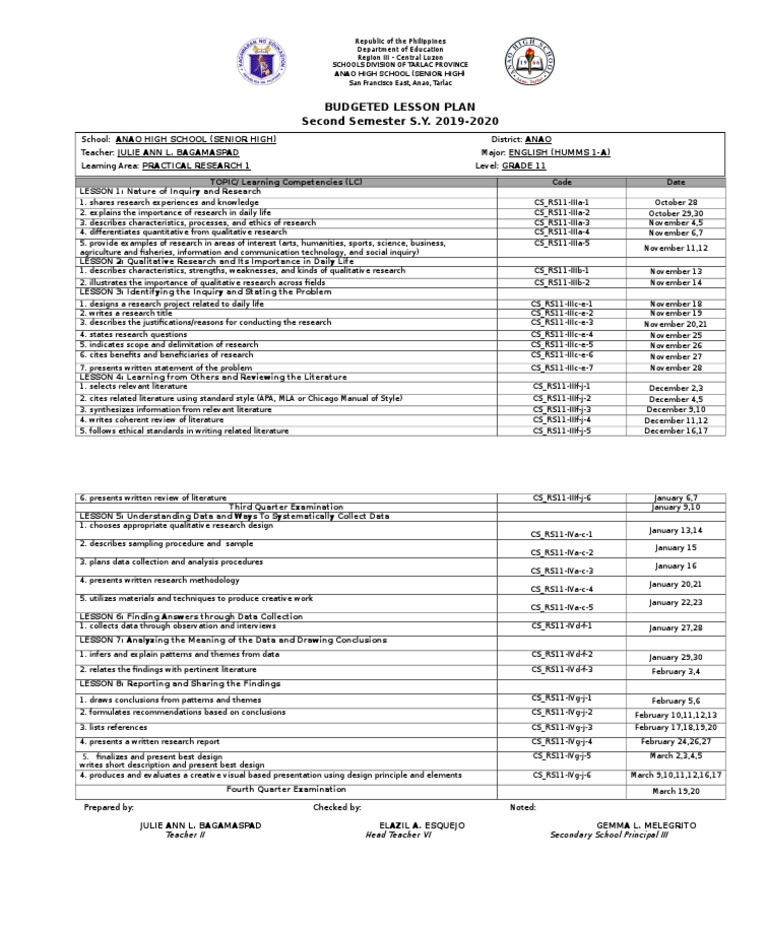 Budgeted Lesson Plan Second Semester S.Y. 2019-2020: Anao High School ...