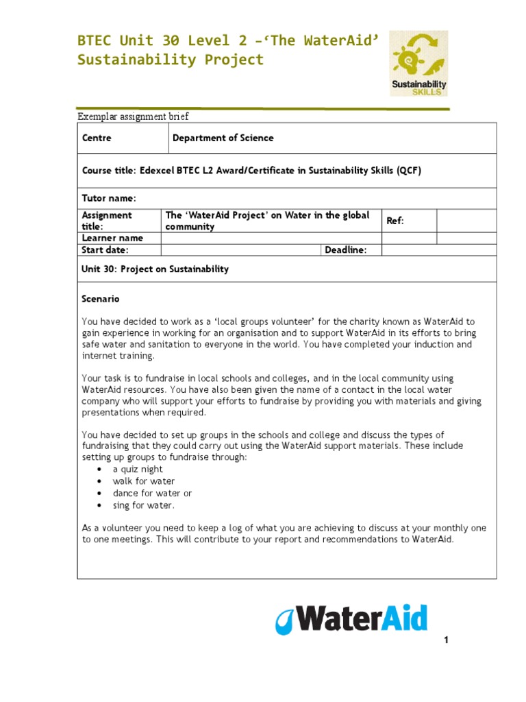 Btec Unit 30 Level 2 The Wateraid' Sustainability Project: Exemplar ...