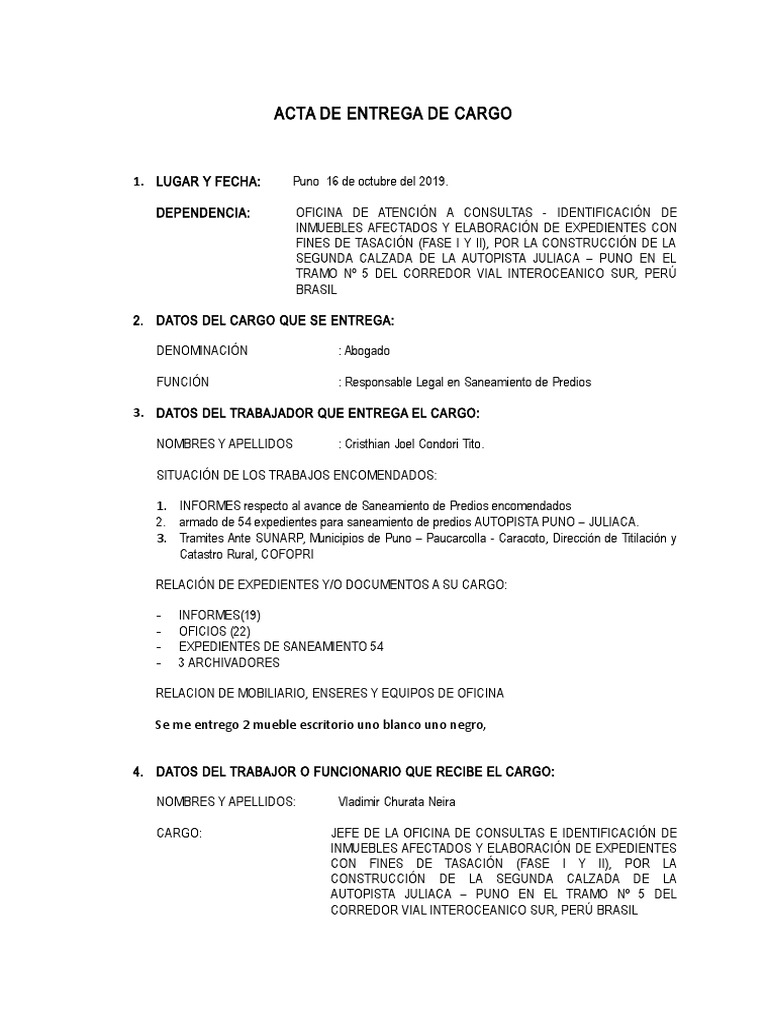 Acta de Entrega de Cargo | PDF
