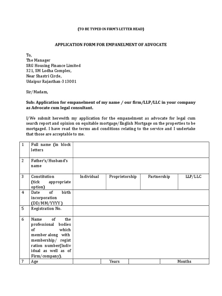Application for Empanelment as an Advocate and Legal Consultant for SRG ...