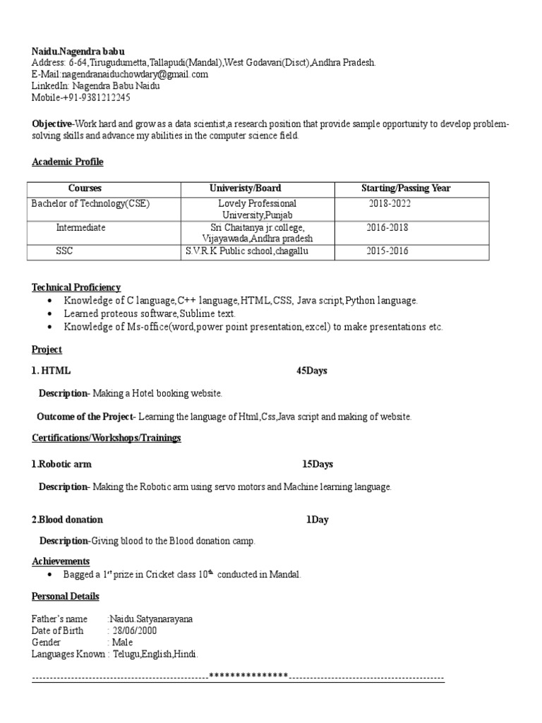 Data Scientist Resume of Nagendra Babu Naidu | PDF | Career & Growth