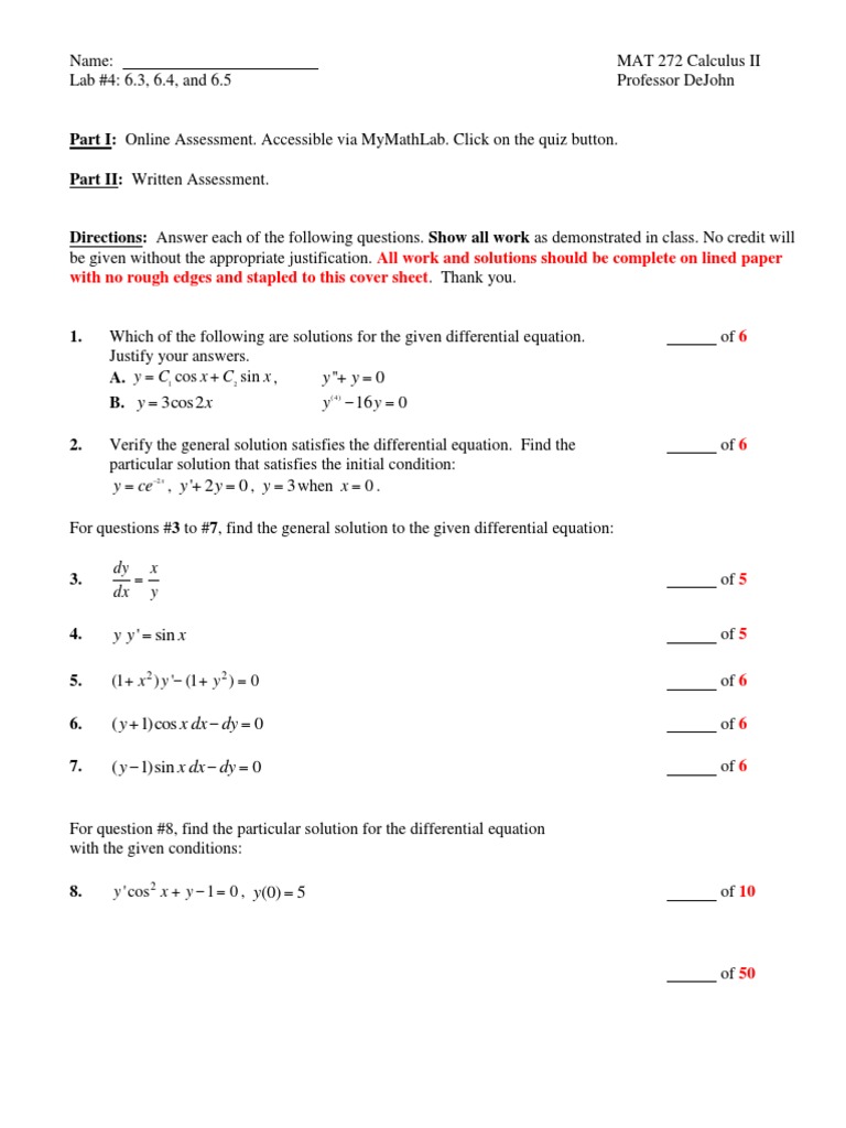 Part I: Online Assessment. Accessible Via Mymathlab. Click On The Quiz ...
