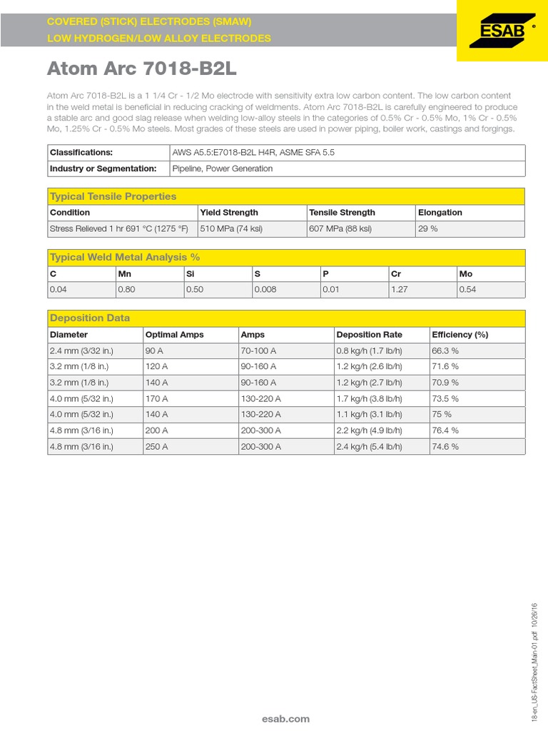 Atom Arc 7018-B2L: Typical Tensile Properties | PDF