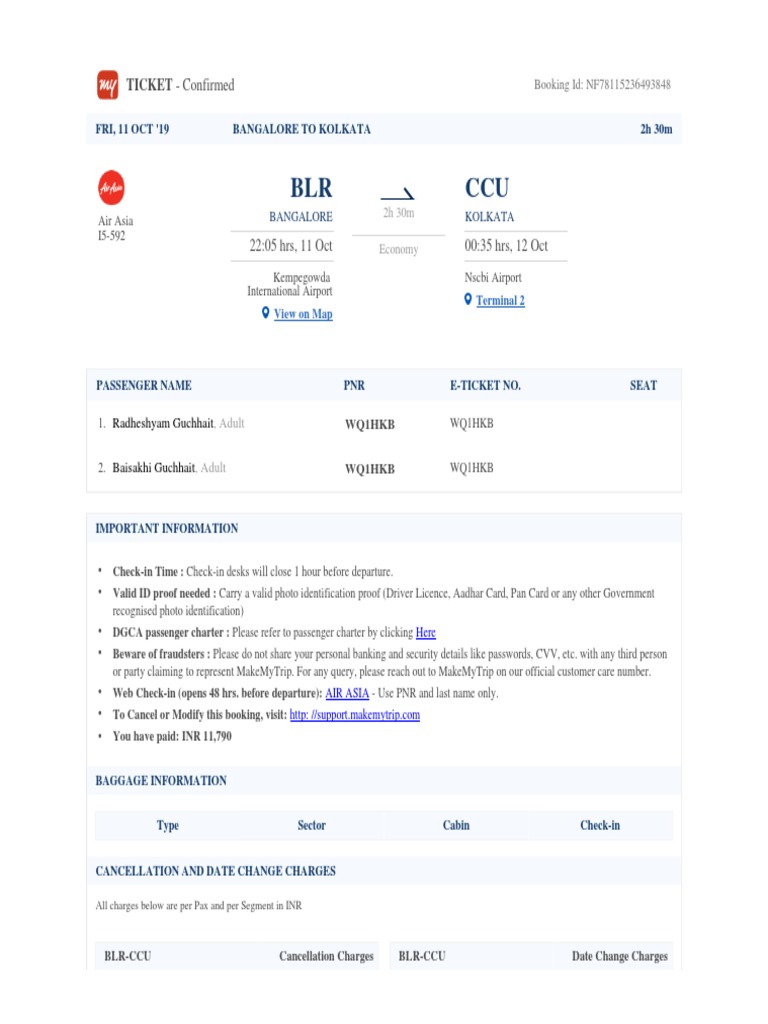 BLR CCU: TICKET - Confirmed | PDF | Aviation | Transport