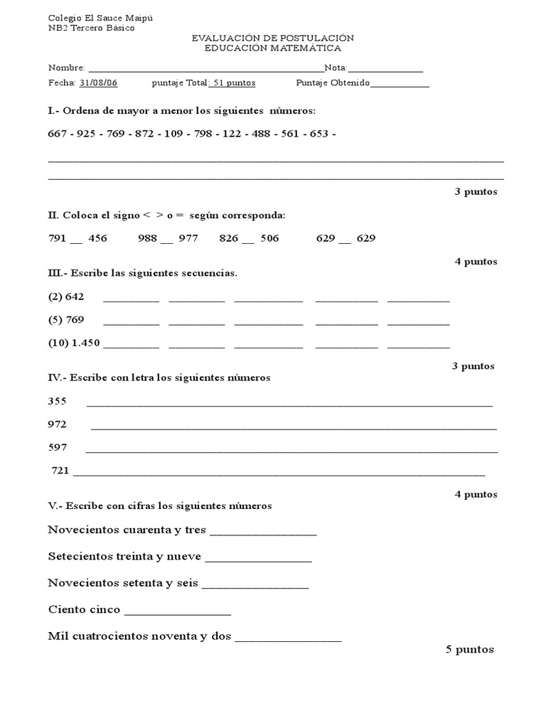 Prueba de Diagnostico Matemática 3° Básico | PDF