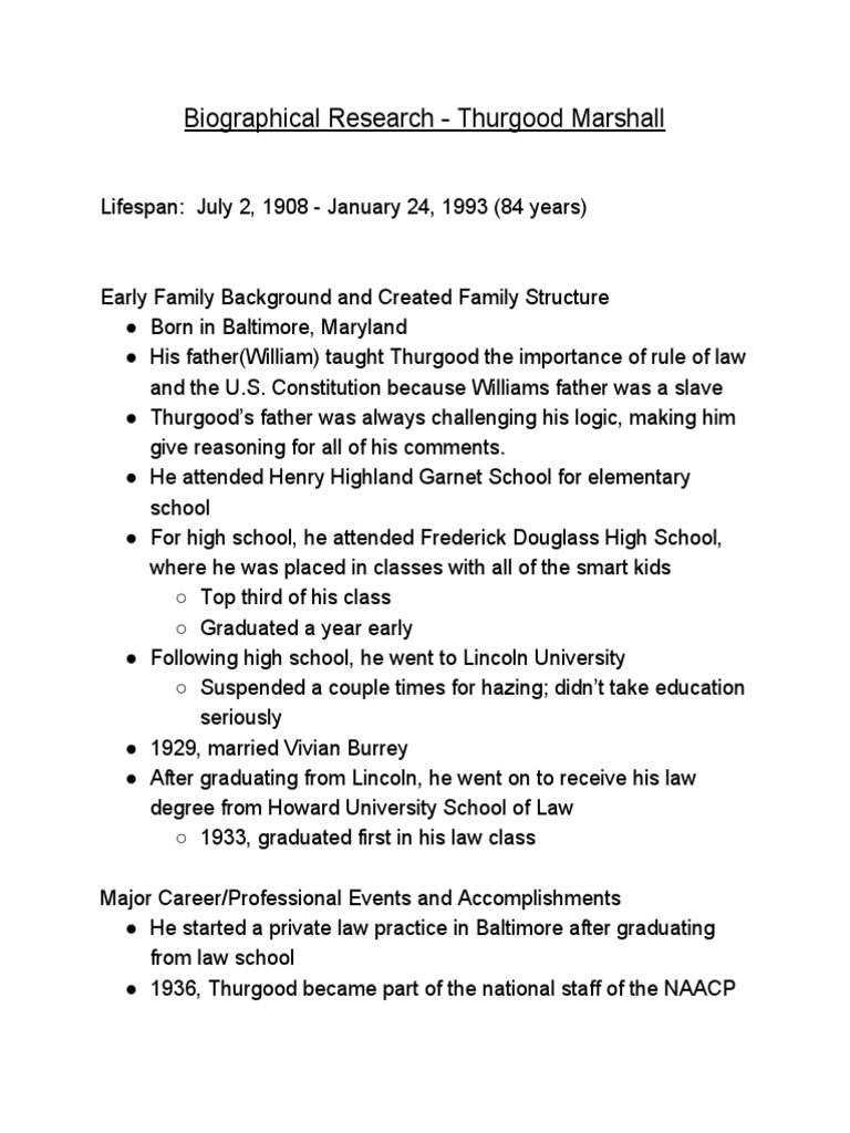 Hannah Cotter - Biographical Chart Thurgood Marshall | PDF | Thurgood ...