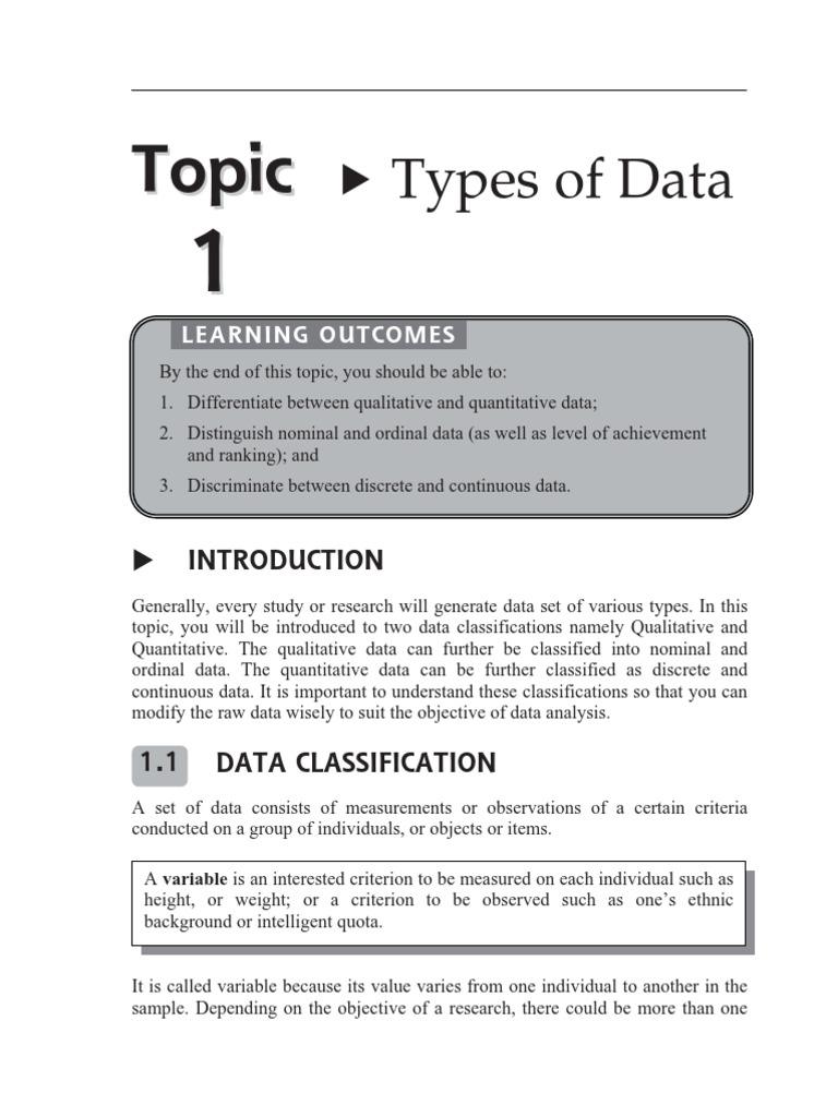 Topic 1 - Types of Data PDF | PDF | Categorical Variable | Level Of ...
