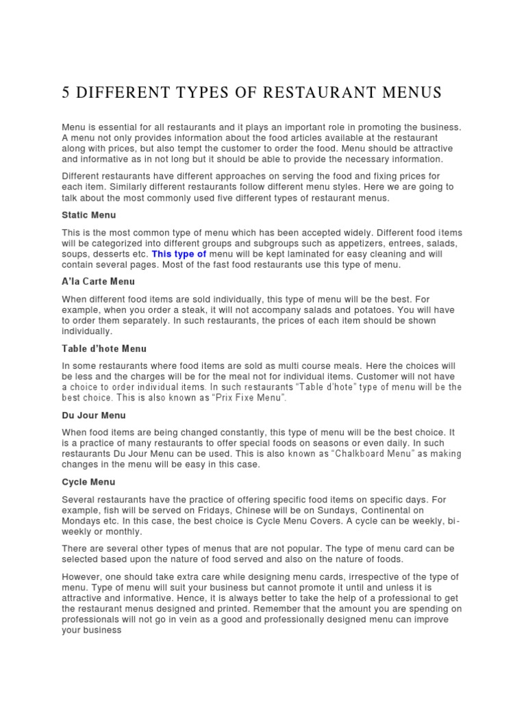 5 Different Types of Restaurant Menus | PDF | Menu | Hospitality Industry
