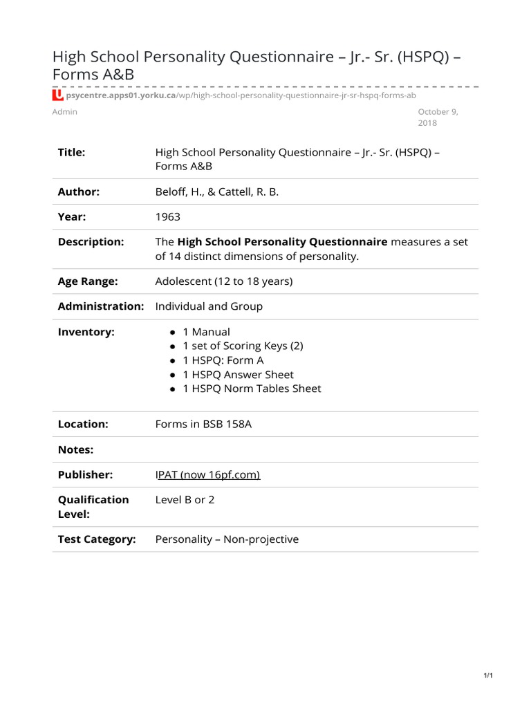 High School Personality Questionnaire Forms A&B | PDF