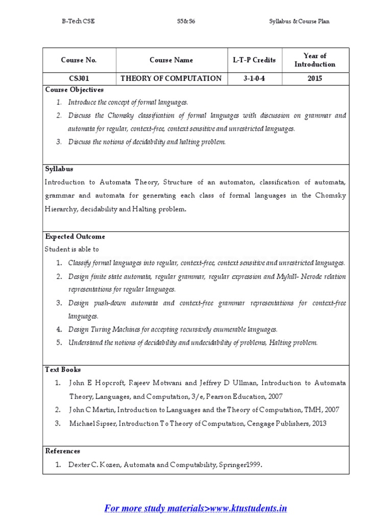 CS301 Theory of Computation Syllabus CSE-Semesters - 5 | PDF | Theory ...