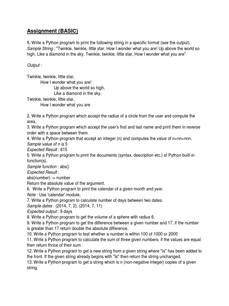 Python Programming Assignments Covering Core Python Concepts Pdf