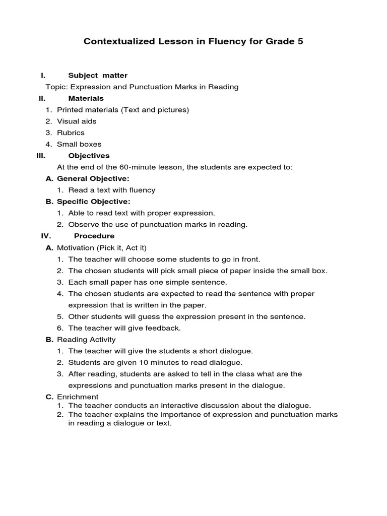 Contextualized Lesson in Fluency For Grade 5: I. Subject Matter | PDF