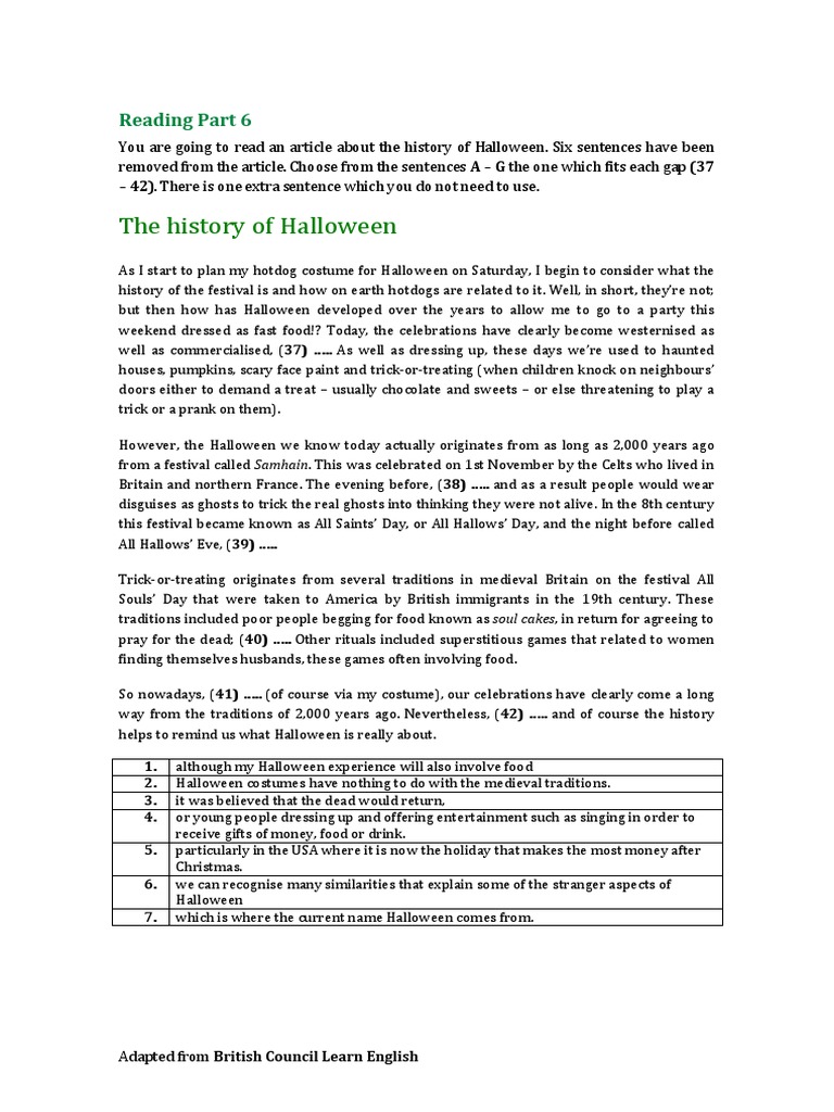 FCE - Reading - The Origins of Halloween - Halloween 2019 | PDF ...