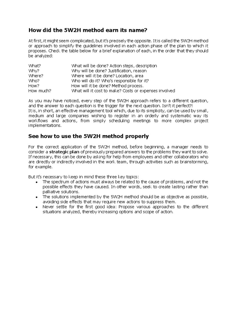 How Did The 5W2H Method Earn Its Name? | PDF