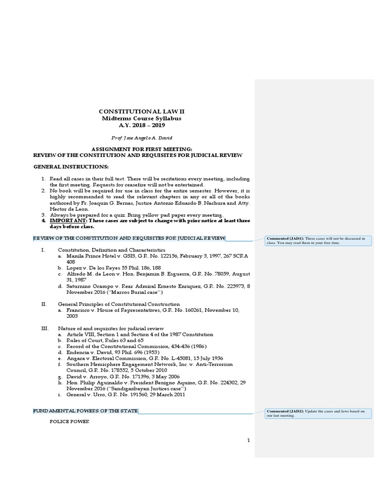 Revised First Half Course Syllabus in Constitutional Law II 2018 2019 ... Revised First Half Course Syllabus in Constitutional Law II 2018 2019 ...