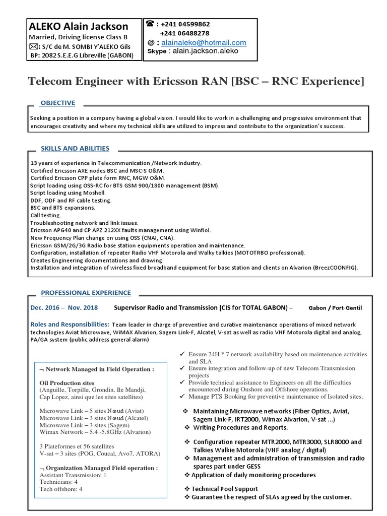 Ericsson Telecom Engineer Resume | PDF | Networks | Information And ...