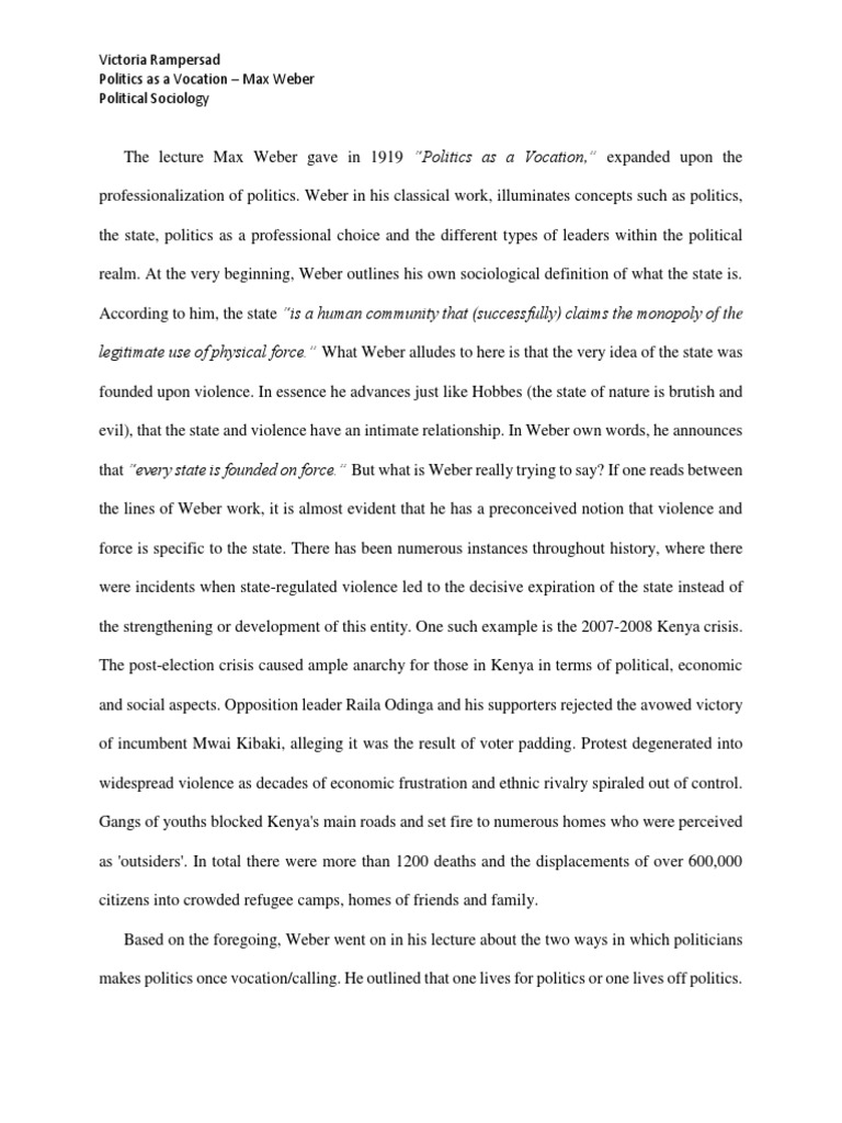 Summary of Politics As A Vocation | PDF | Max Weber | Sociological Theories