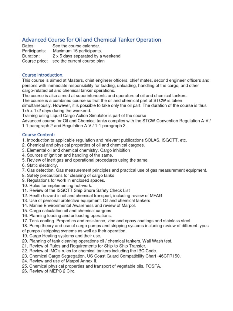 Advanced Oil and Chemical Tanker Course | PDF | Transport | Energy And ...