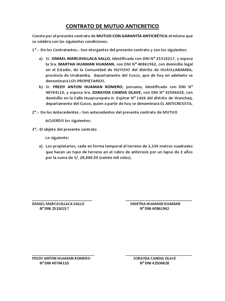 Contrato de Mutuo Anticretico - de Terreno | PDF | Derecho
