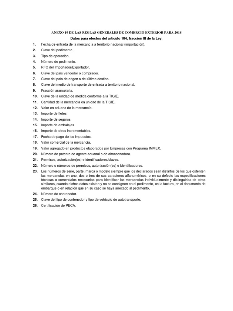 Anexo 19 de Las Reglas Generales de Comercio Exterior para 2018 | PDF