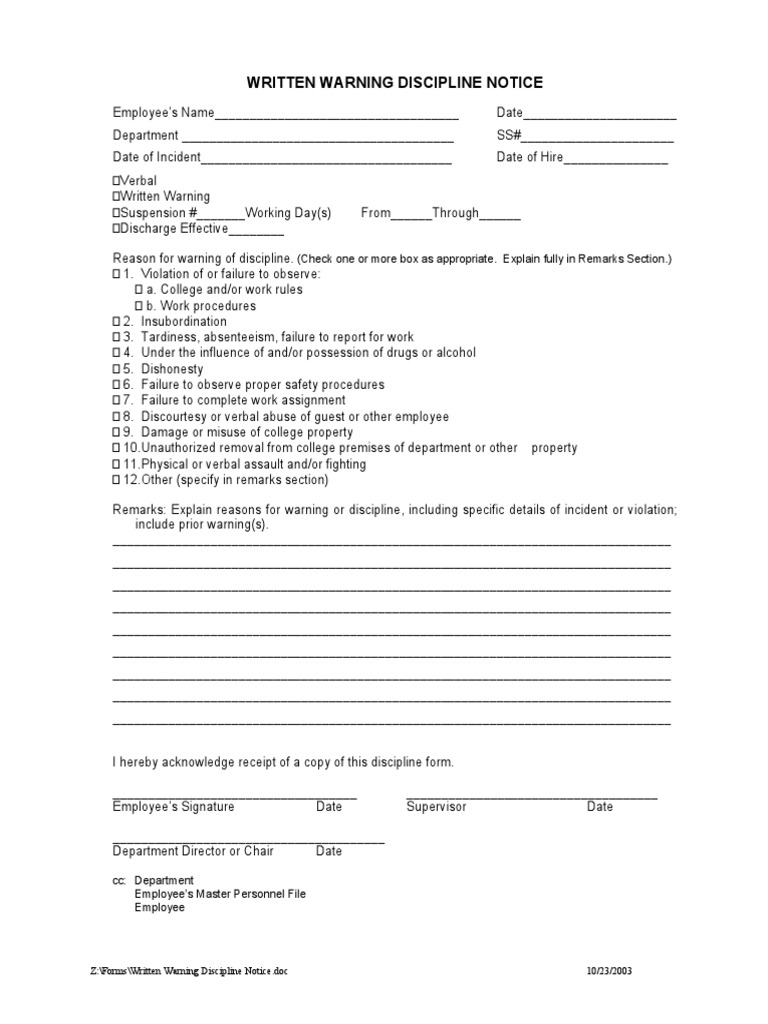 Employee Discipline Warning Notice | Employee
