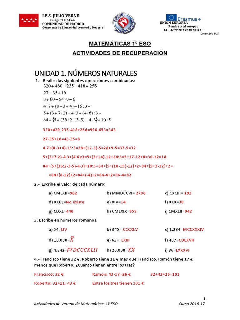 990 - Soluciones Ej Verano Matemáticas 1º Eso 16-17 | PDF | Exponenciación | Número primo