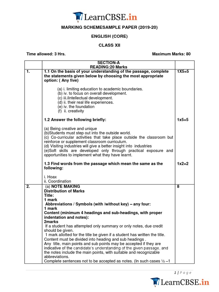 CBSE Class 12 English Core Marking Scheme 2019-20 | PDF | Artificial ...