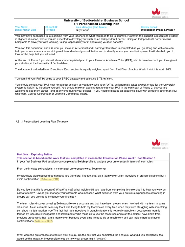 1.1 Personalised Learning Plan | PDF | Goal | Learning