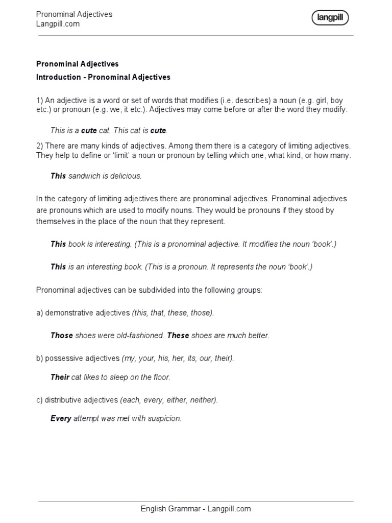 1.1 22. (Textbook) Pronominal Adjectives PDF | PDF | Pronoun | Noun