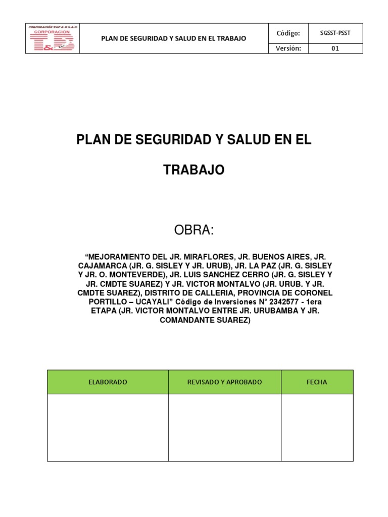 Plan De Seguridad Y Salud En El Trabajo: Obra | Seguridad y salud ocupacional | Planificación ...