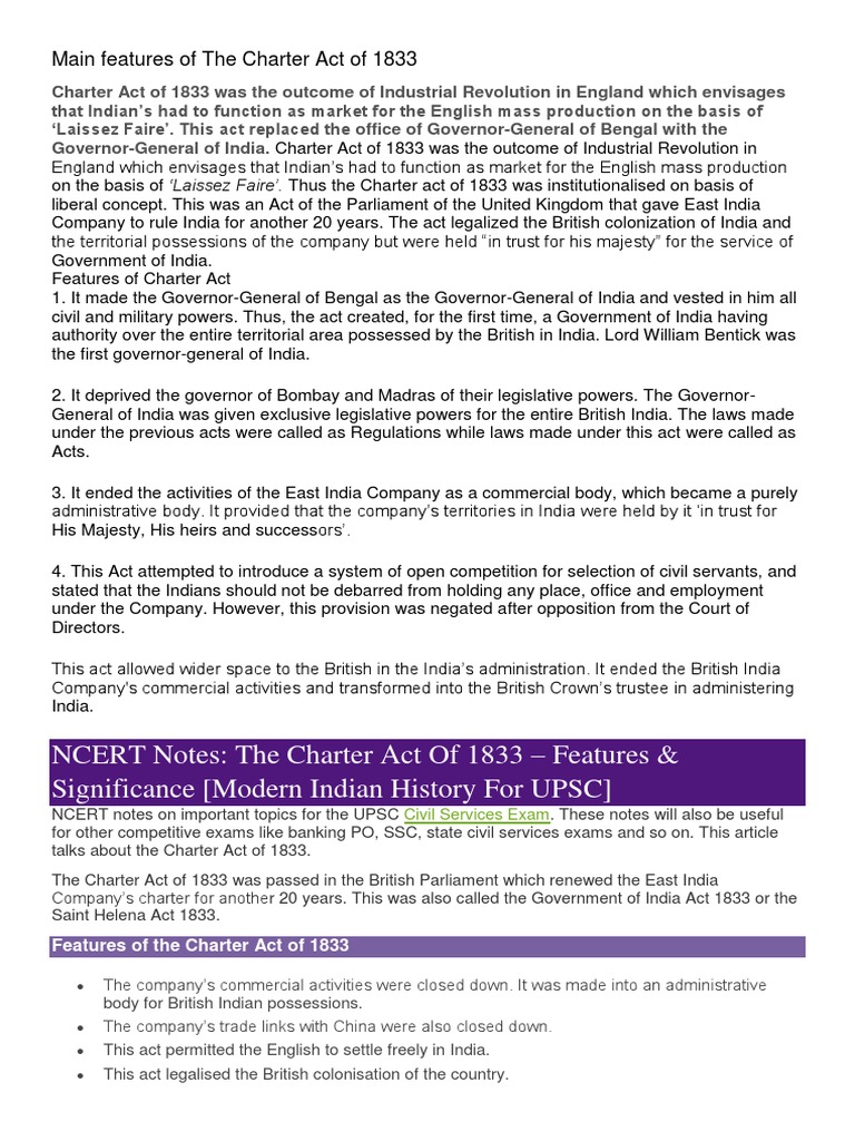 Main Features of The Charter Act of 1833 | PDF | British Raj | East ...
