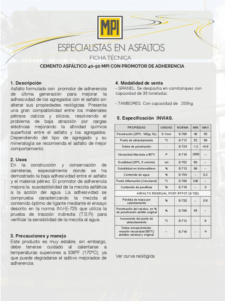 Ficha técnica de cemento asfáltico con promotor de adherencia para mejorar la unión entre ...
